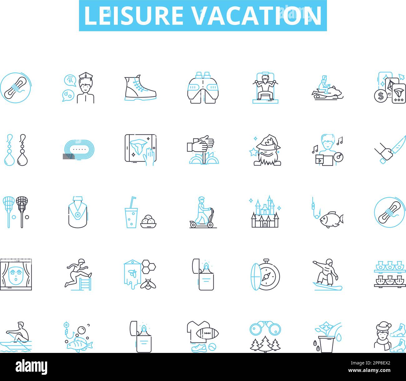 Leisure vacation linear icons set. Relaxation, Adventure, Fun ...