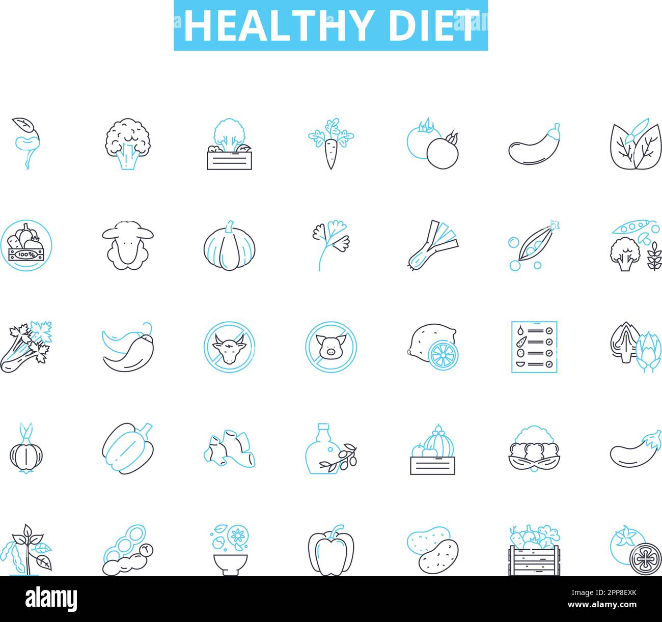Healthy diet linear icons set. Nutrition, Cleanse, Balance, Grains ...