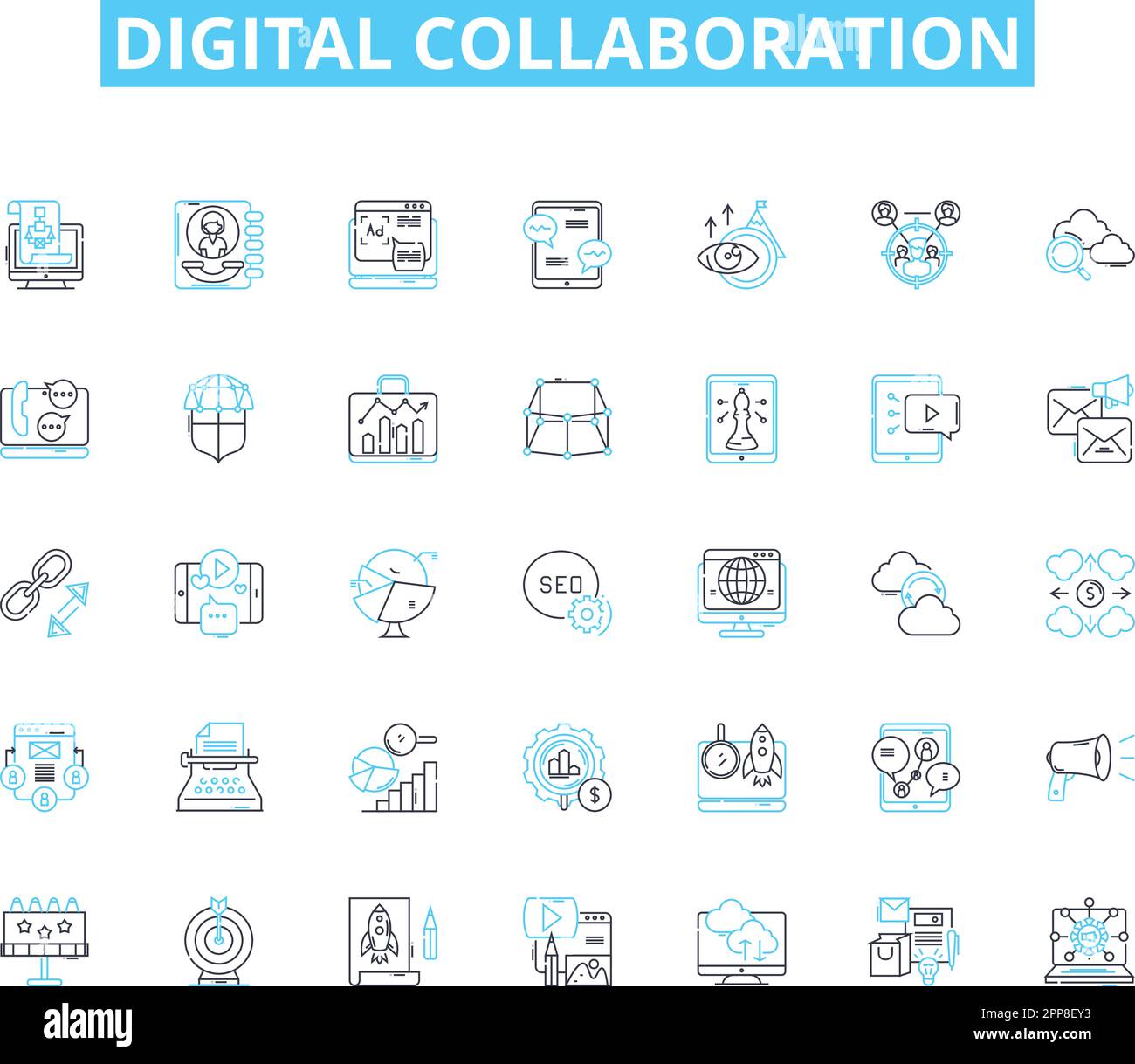 Digital collaboration linear icons set. Synergy, Connectivity ...