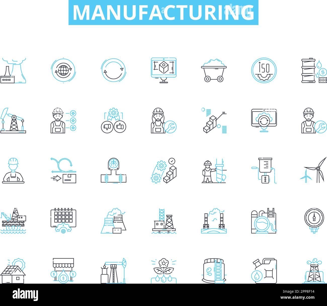 Manufacturing linear icons set. Production, Assembly, Fabrication, Automation, Machining ...