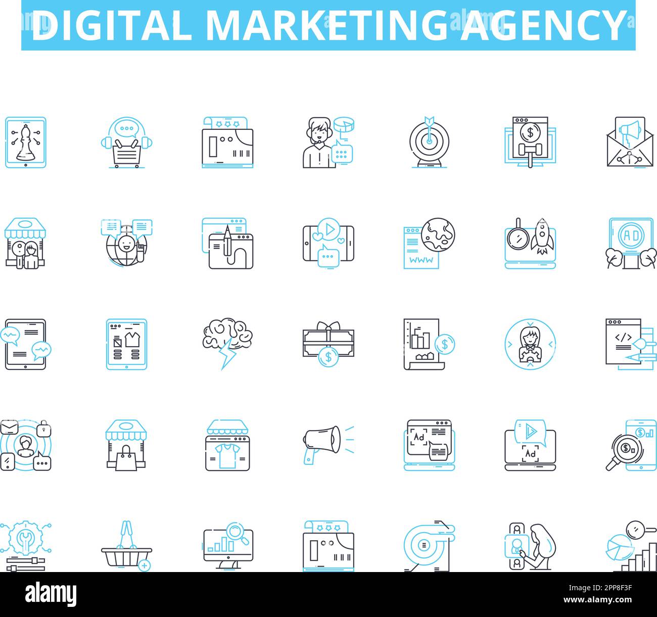 Digital marketing agency linear icons set. Strategy, Analytics, SEO ...