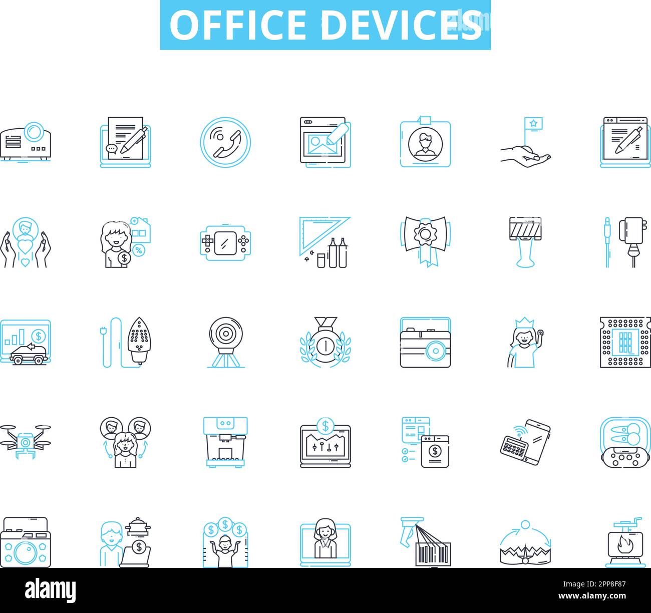 Office devices linear icons set. Printer, Scanner, Copier, Fax, Mouse ...