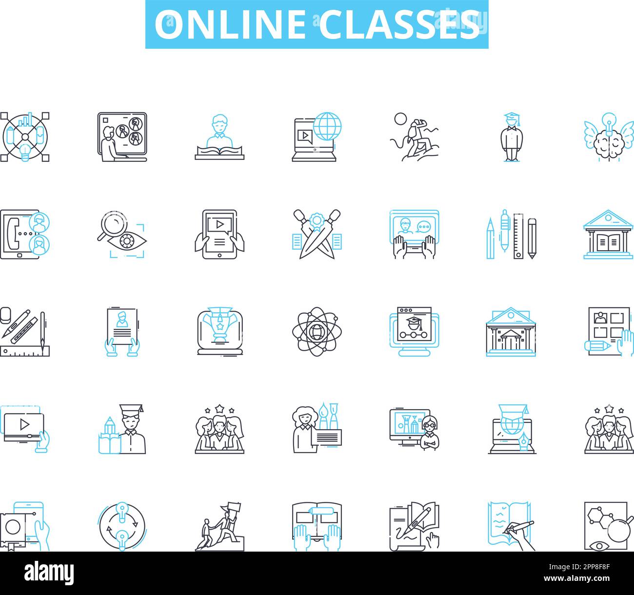 Online classes linear icons set. Virtual, Remote, Digital, E-learning, Web-based ...