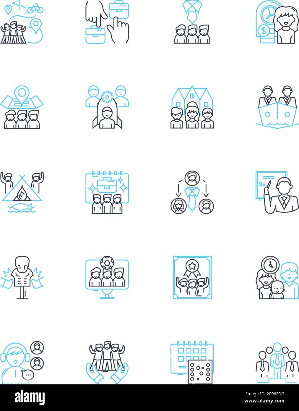 Synergy and coordination linear icons set. Collaboration, Integration, Teamwork, Harmony ...