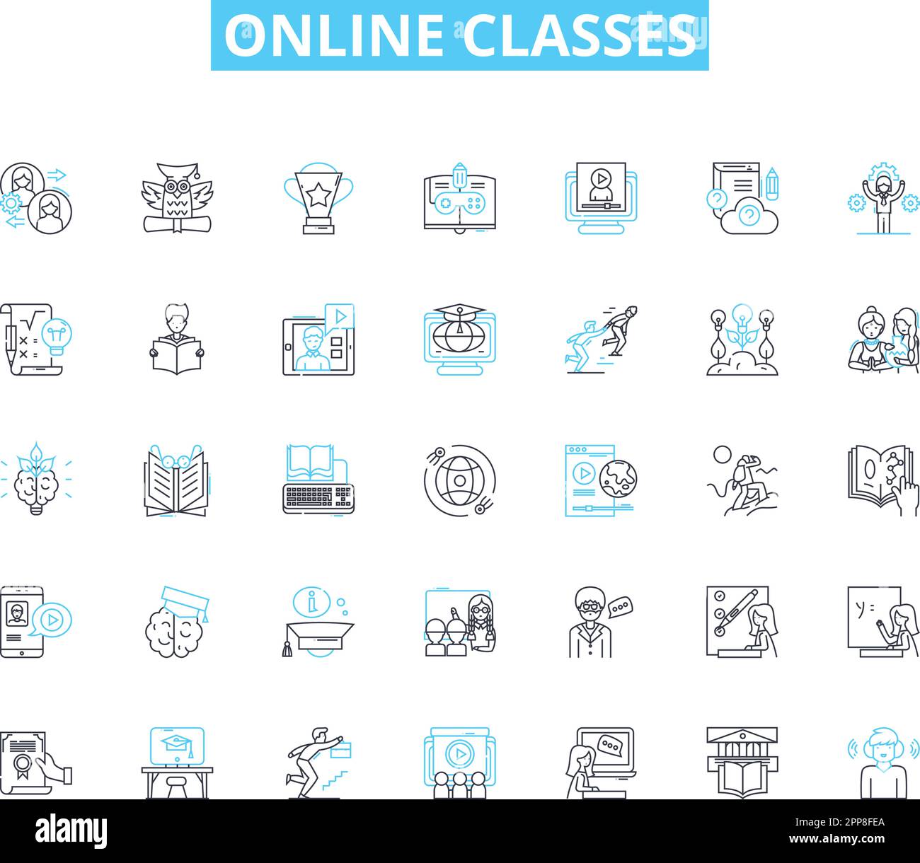 Online classes linear icons set. Virtual, Remote, Digital, E-learning ...