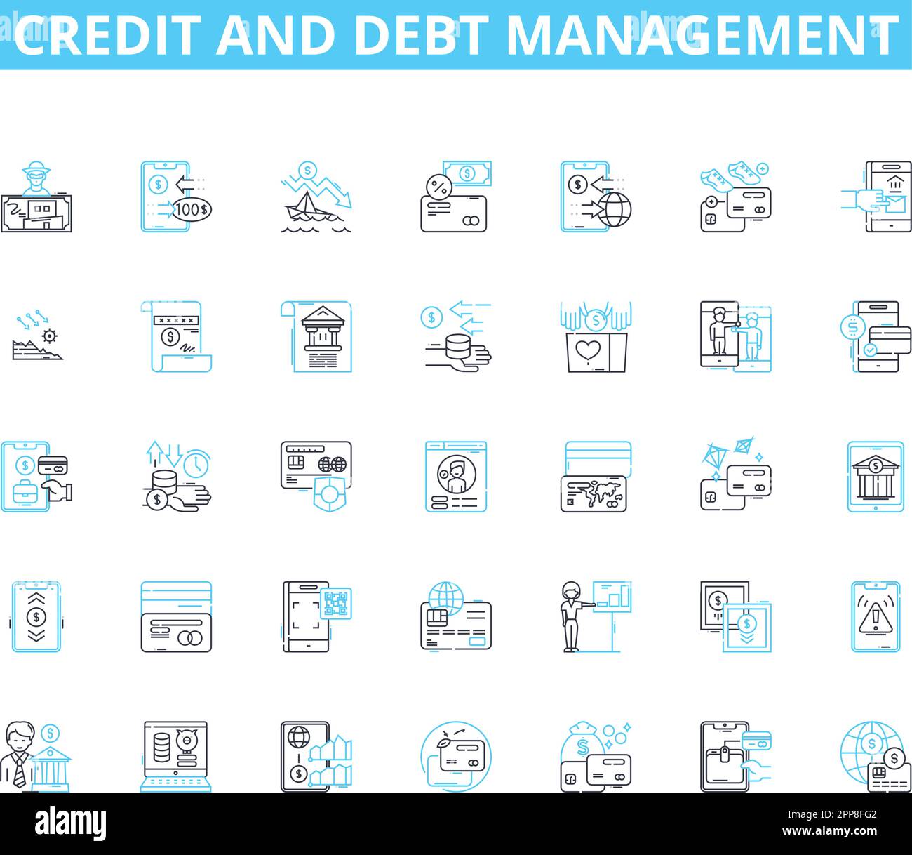 Credit and debt management linear icons set. Credirthiness, Interest, Balance, Budget, Score ...