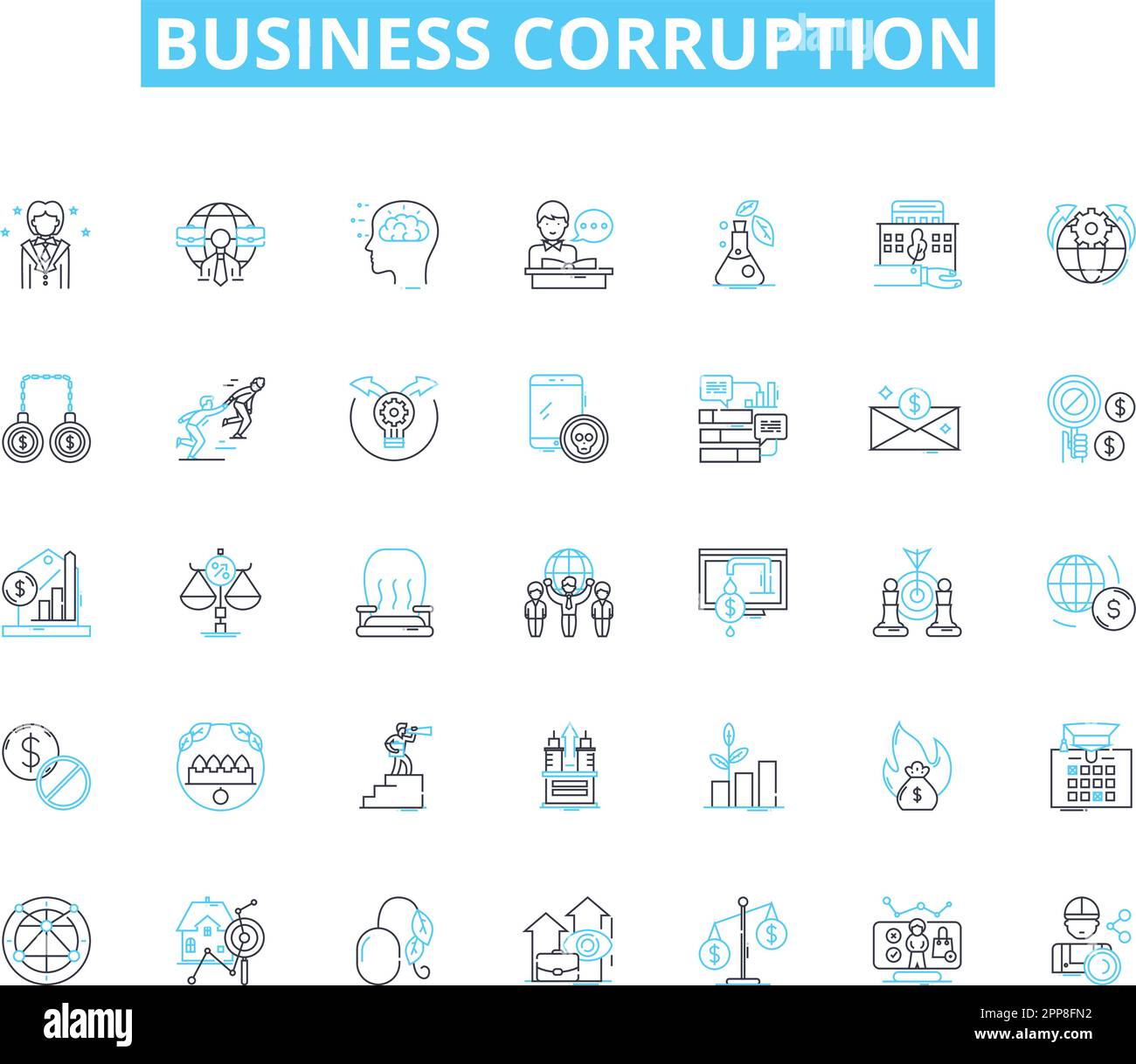 Business corruption linear icons set. Bribery, Embezzlement, Fraud ...