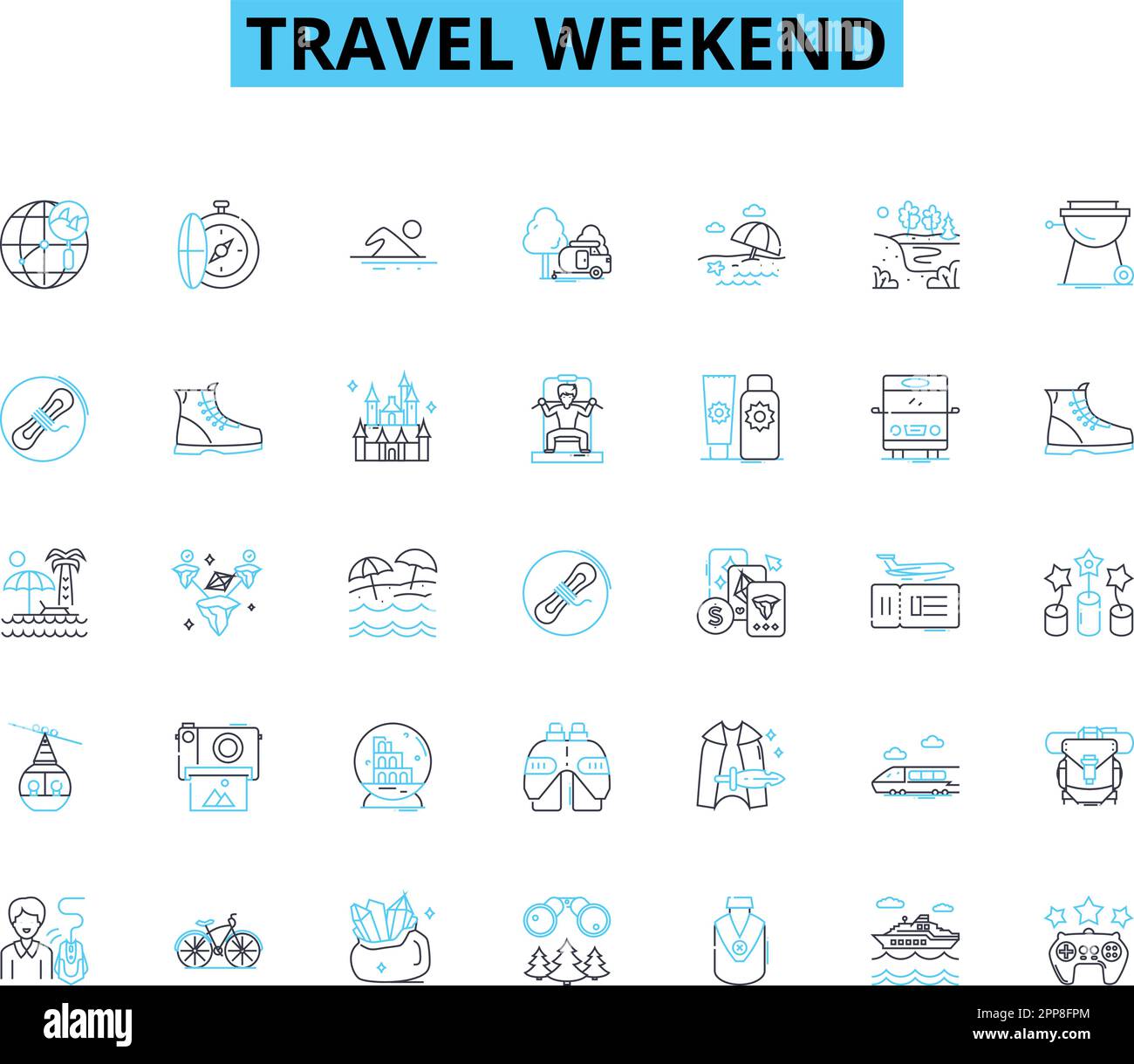 Travel weekend linear icons set. Escapade, Journey, Getaway, Excursion ...