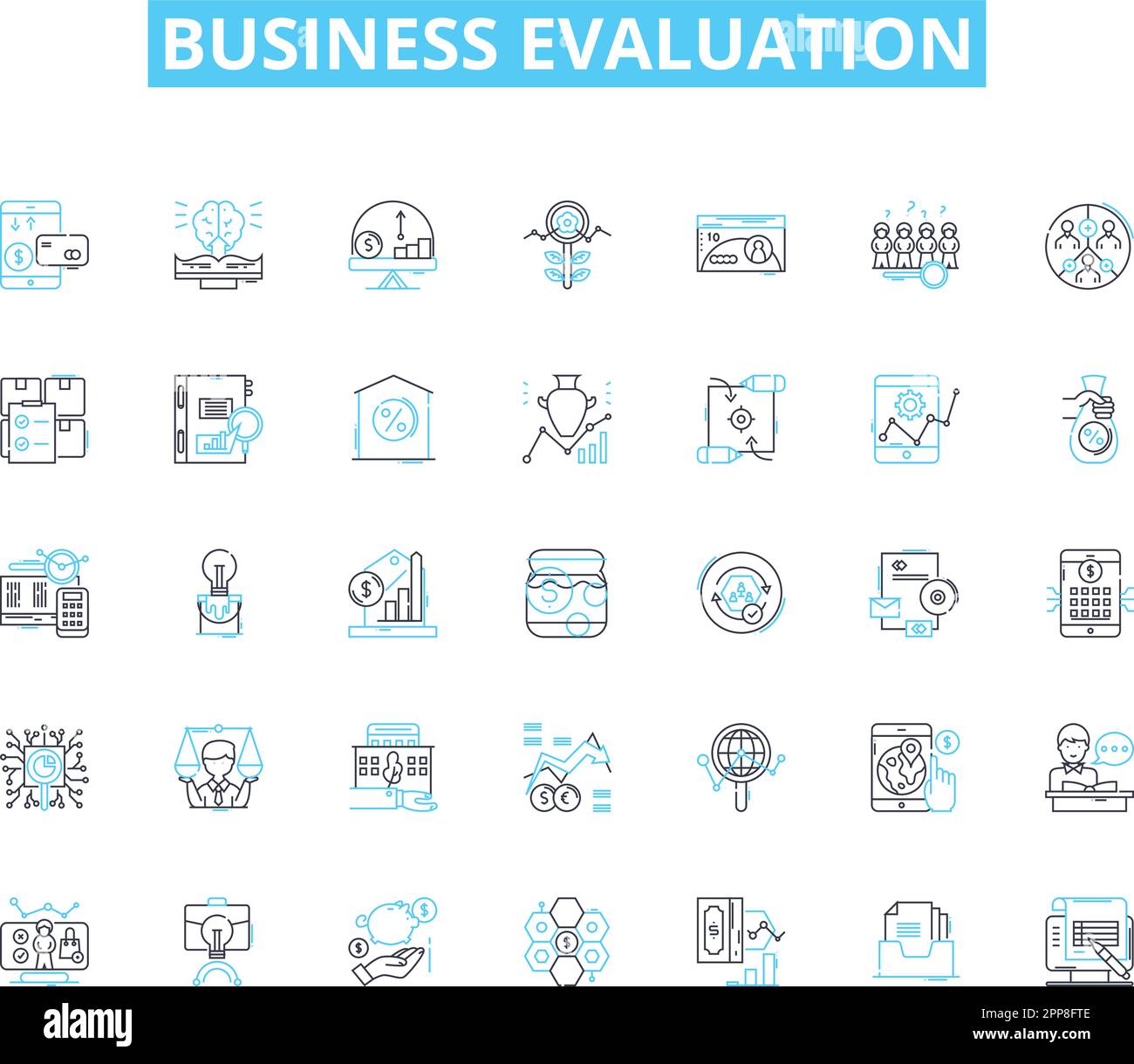 Business evaluation linear icons set. Analysis, Appraisal, Assessment ...