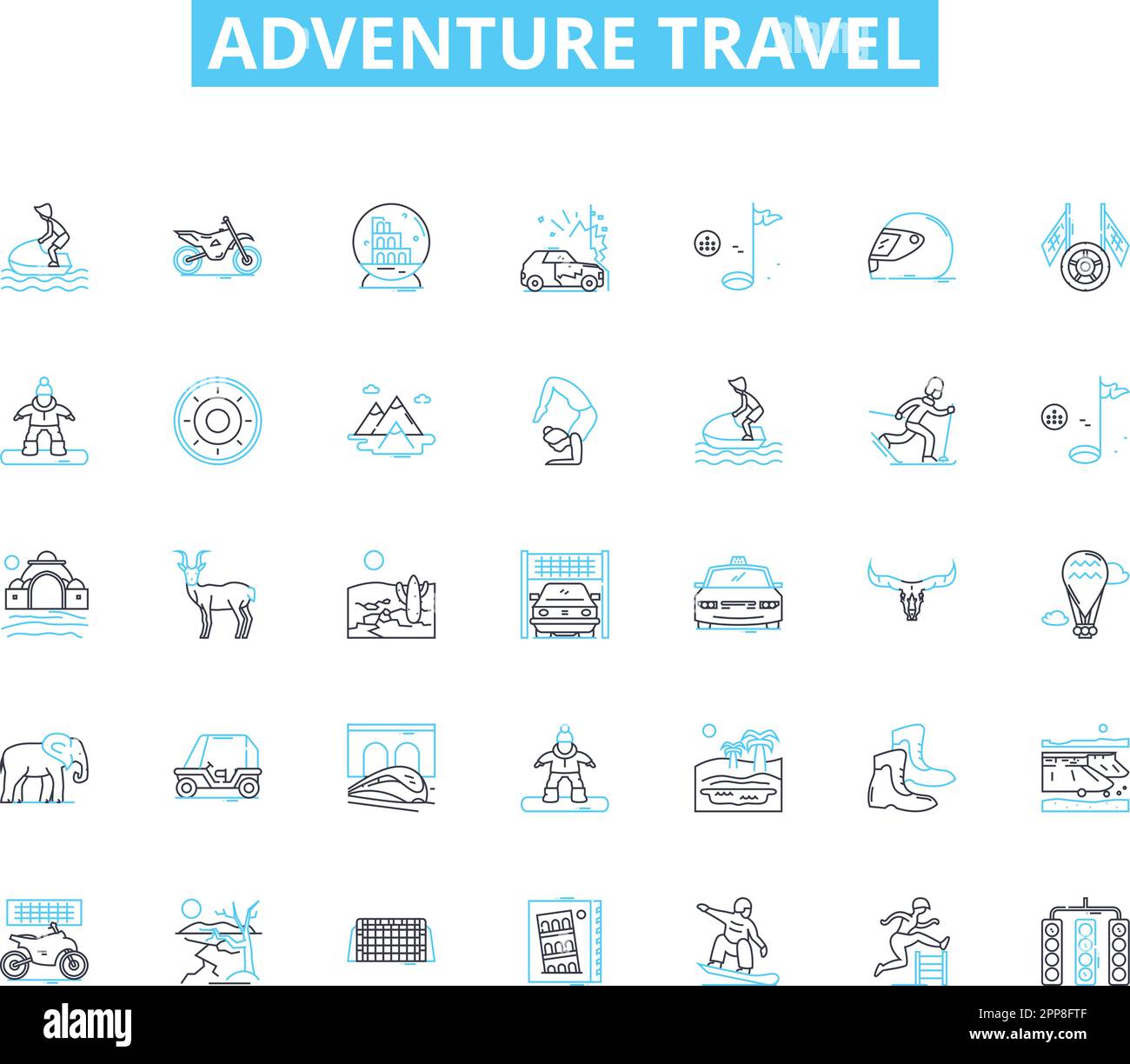Adventure travel linear icons set. Trek, Explore, Expeditions, Rafting ...