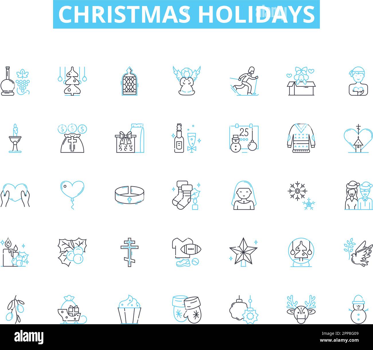 Christmas holidays linear icons set. Festive, Holly, Reindeer, Eggnog ...