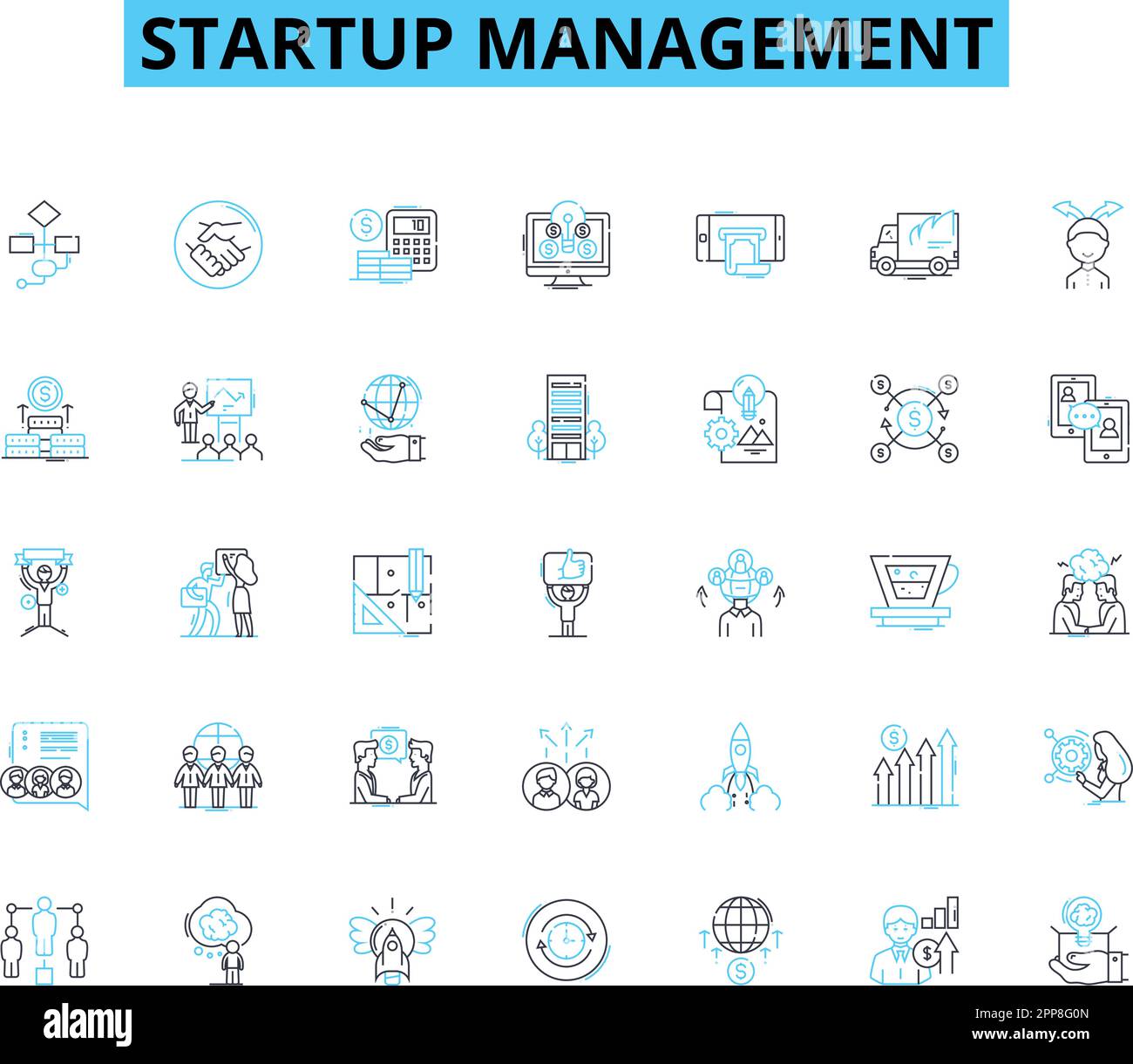 Startup management linear icons set. Innovation, Scalability, Growth, Leadership, Agility, Risk ...