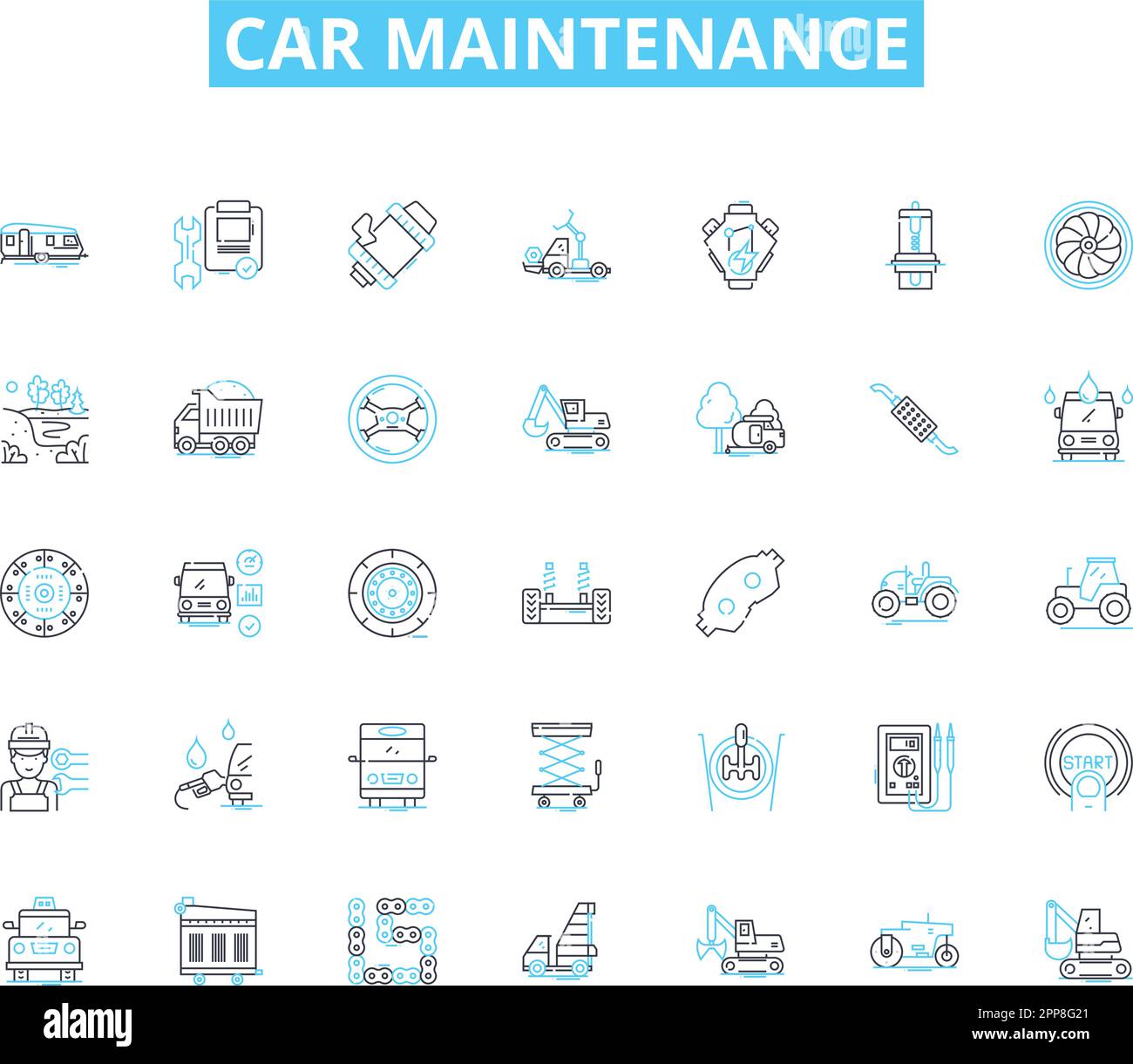 Car maintenance linear icons set. Oil change, Brake pads, Alignment ...
