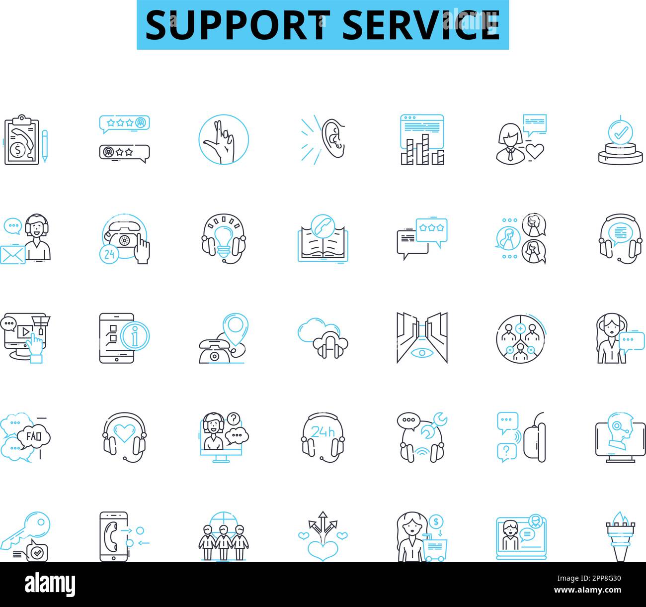 Support service linear icons set. Assistance, Help, Aid, Guidance ...