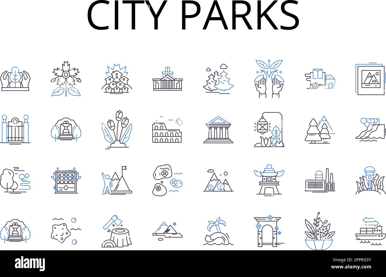 City parks line icons collection. Urban gardens, Metropolitan squares ...