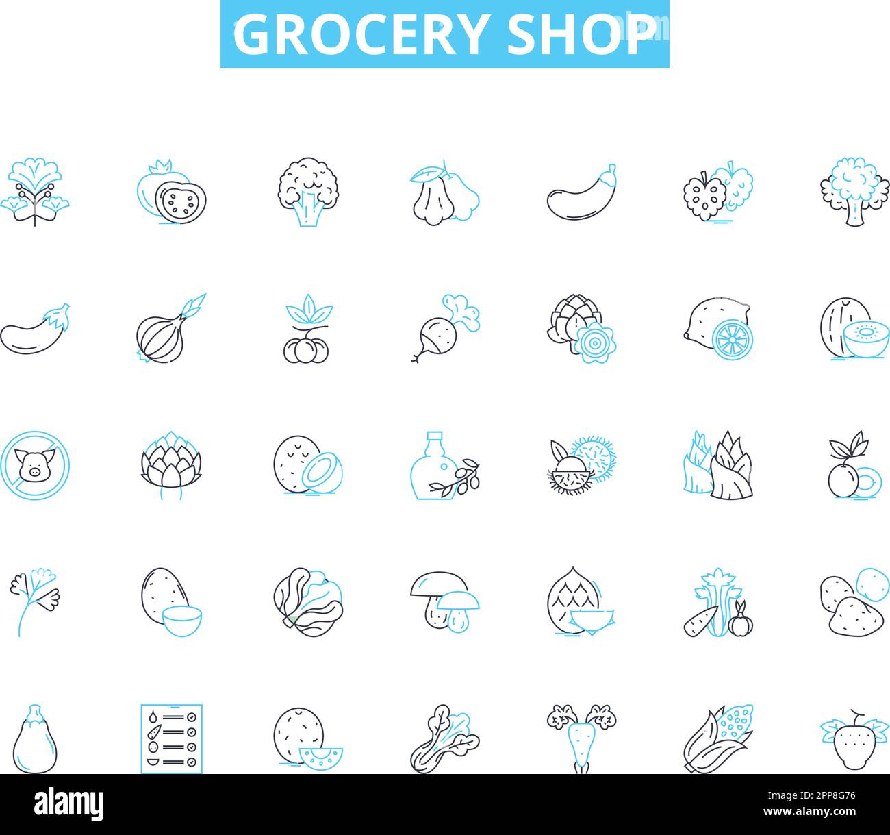 Grocery shop linear icons set. Produce, Dairy, Meat, Bakery, Canned ...