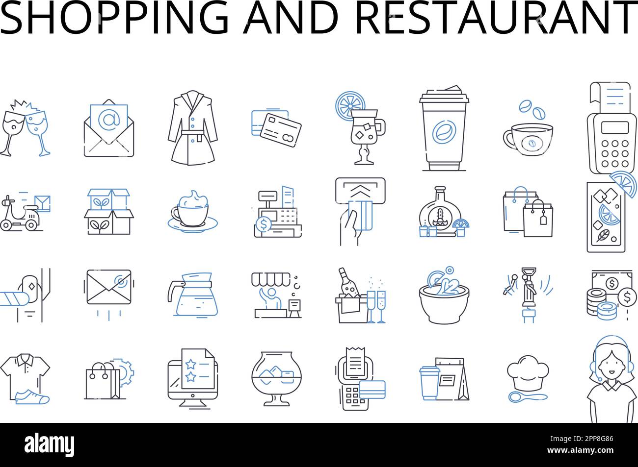 Shopping and restaurant line icons collection. Retail therapy, Eating out, Grocery shopping ...
