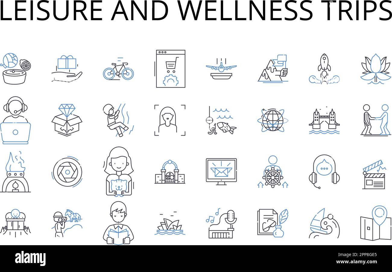 Leisure and wellness trips line icons collection. Adventure tourism ...