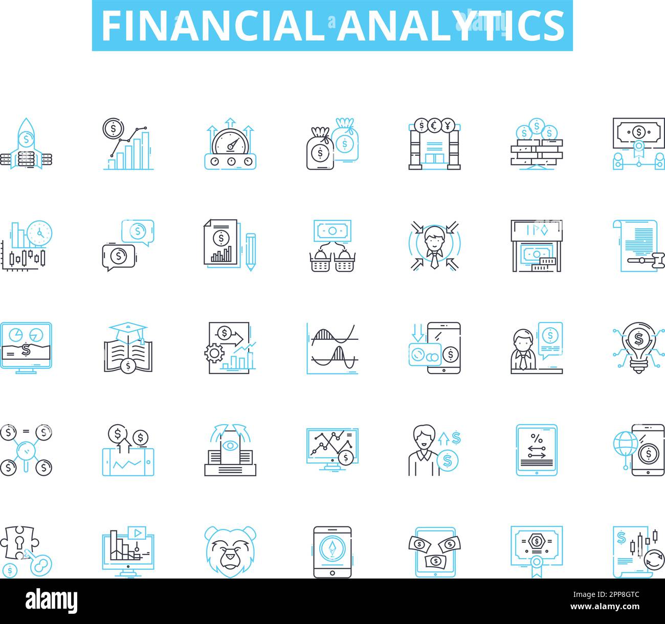Financial analytics linear icons set. Revenue, Profitability, Forecasting, Budgeting ...