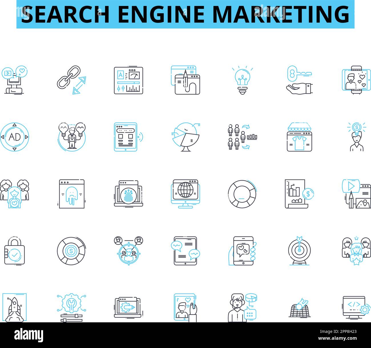 Search engine marketing linear icons set. AdWords, Algorithm, Bid ...