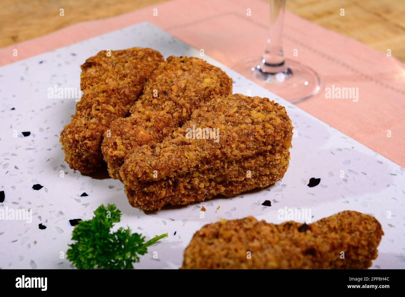 Tasty vegetarian vegan meat free chicken thighs, healthy food close up ...