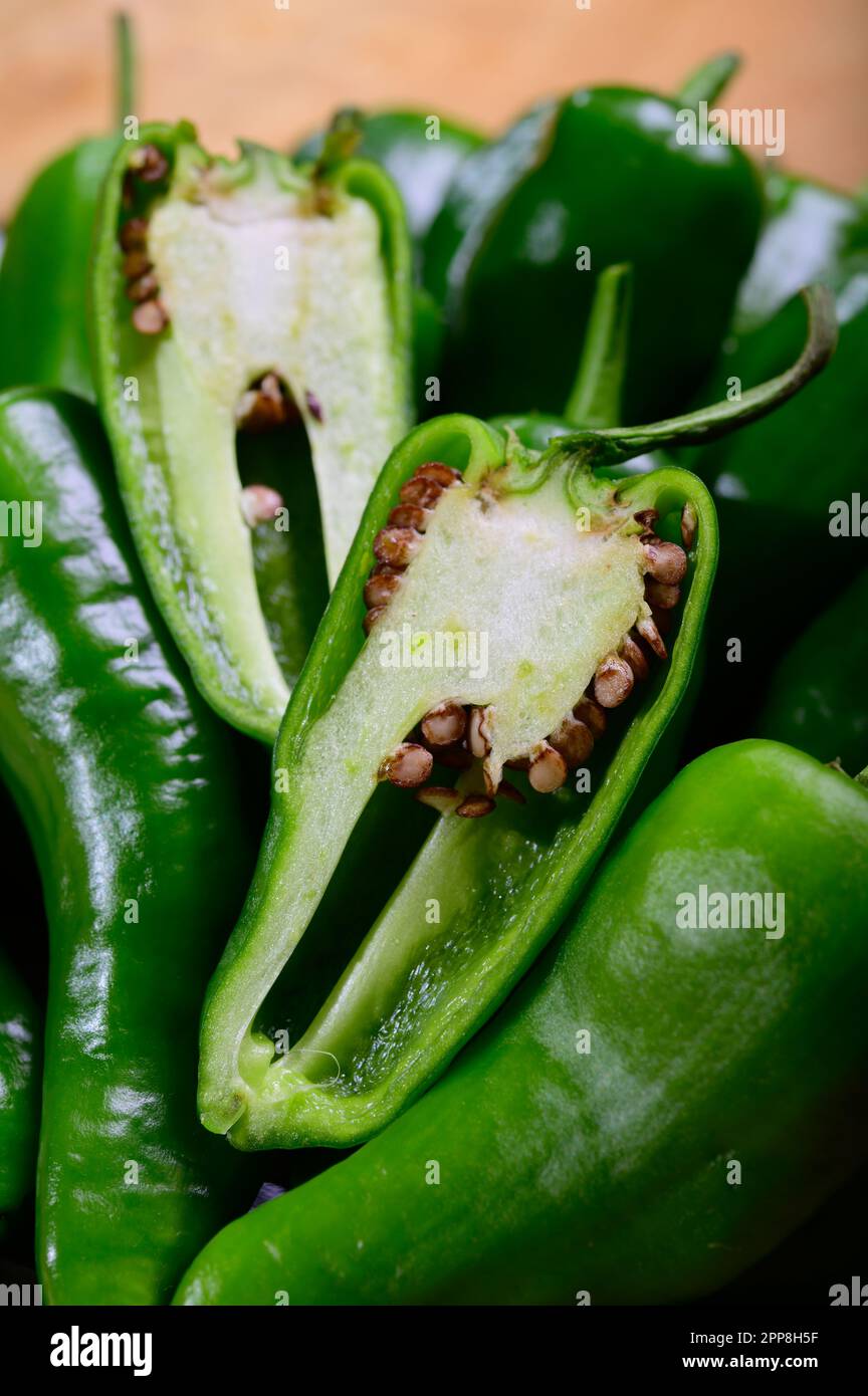 Fresh green mild padron pepper pementos, ready for grill or to be fried ...