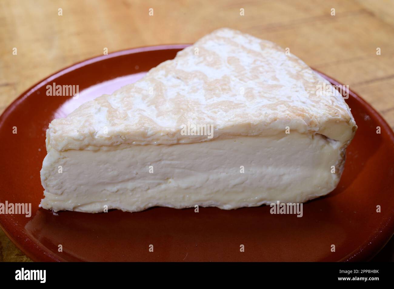 Piece of french soft-ripened white mold cow milk cheese brie produced ...