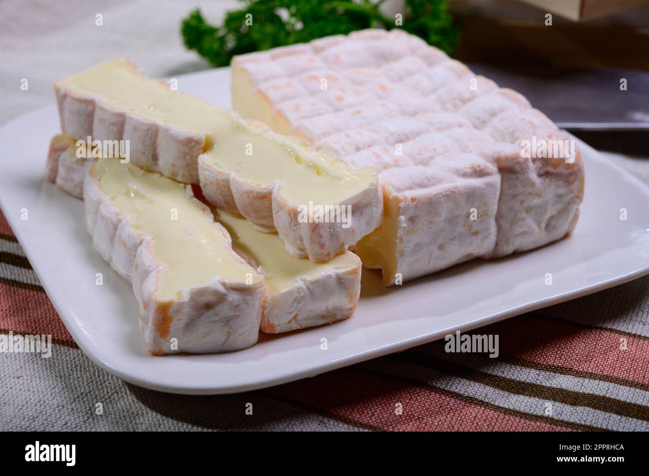 French cheeses collection, yellow Vieux Pane cheese with white mold ...