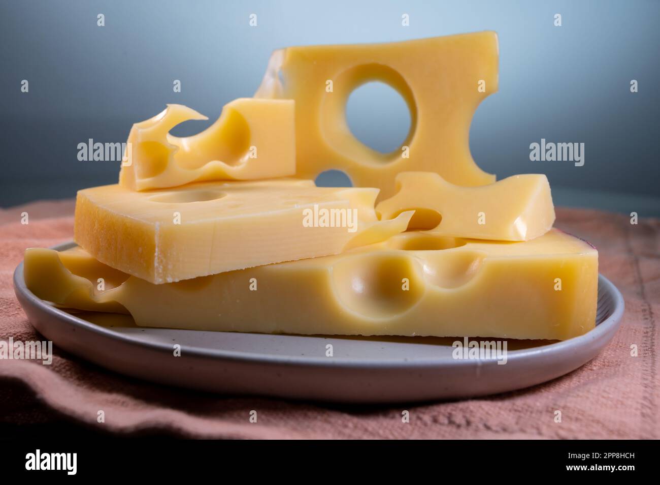 Swiss cheese collection, yellow emmentaler or emmental cheese with ...