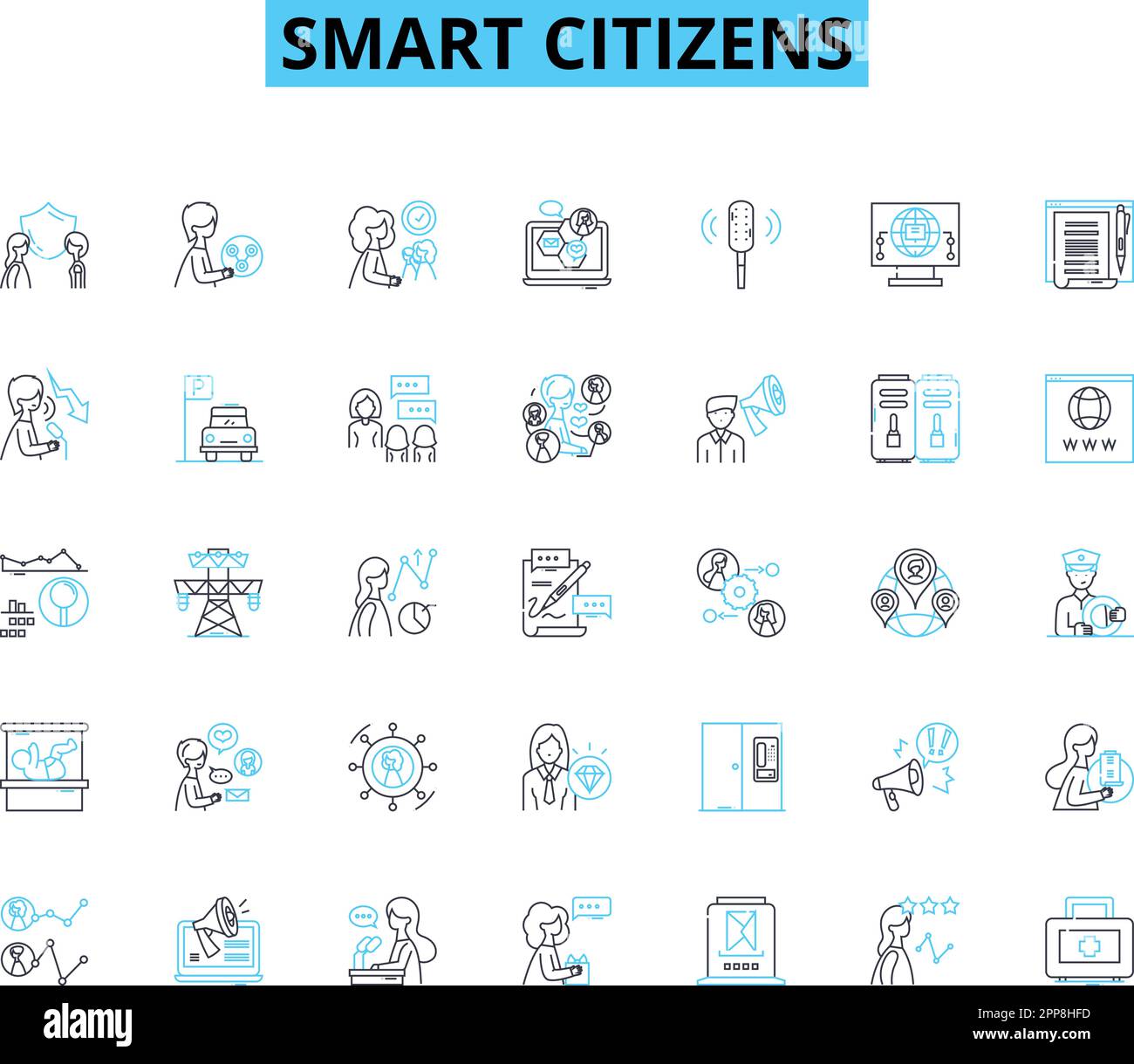Smart citizens linear icons set. Connected, Digital, Innovative, Aware ...
