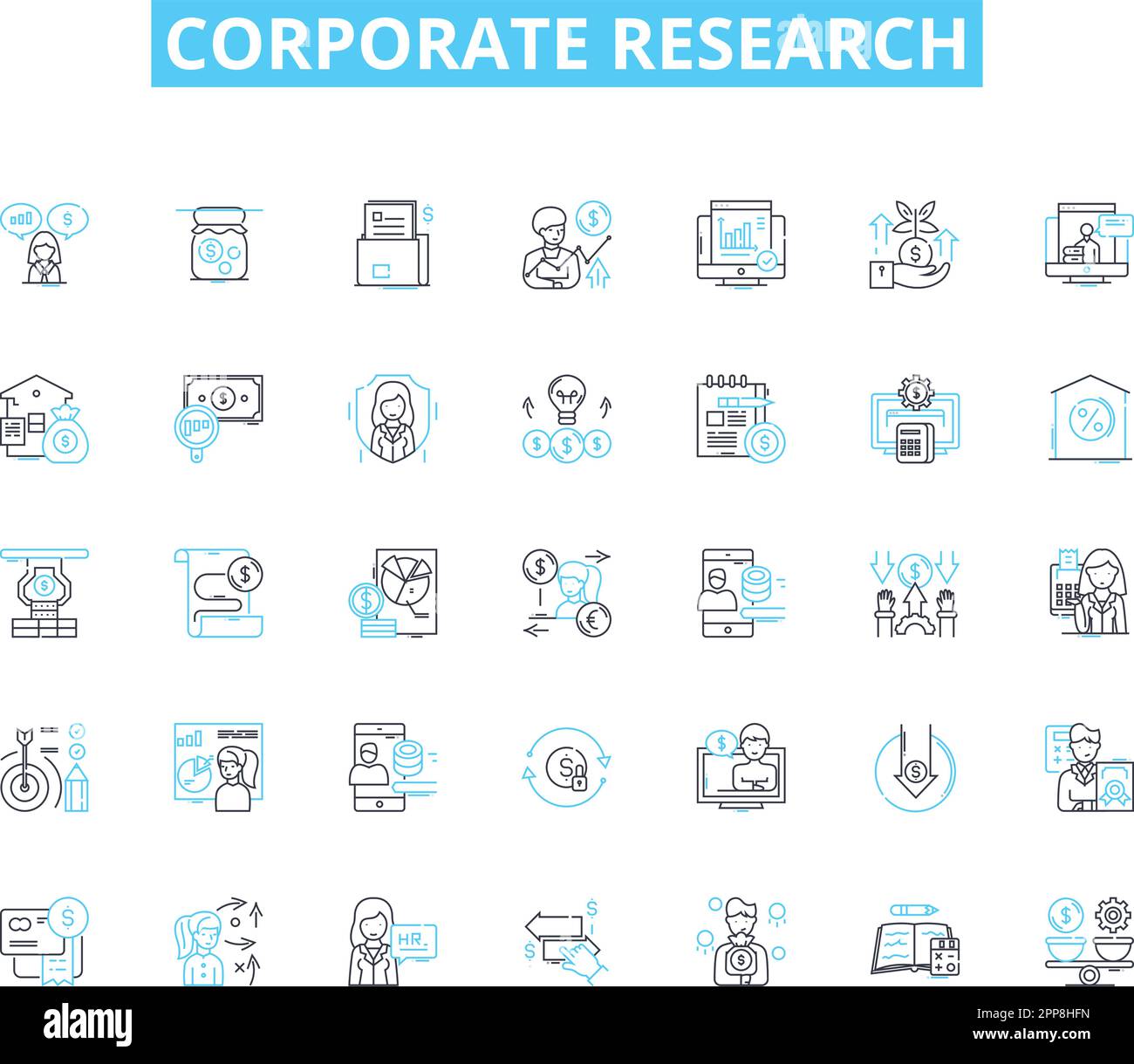 Corporate research linear icons set. Innovation, Strategy, Market, Competition, Analysis ...