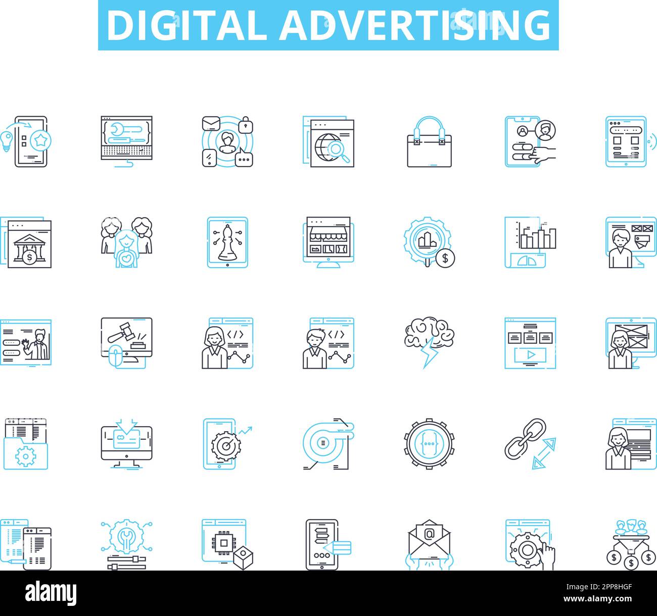 Digital advertising linear icons set. Targeting, Strategy, Optimization ...