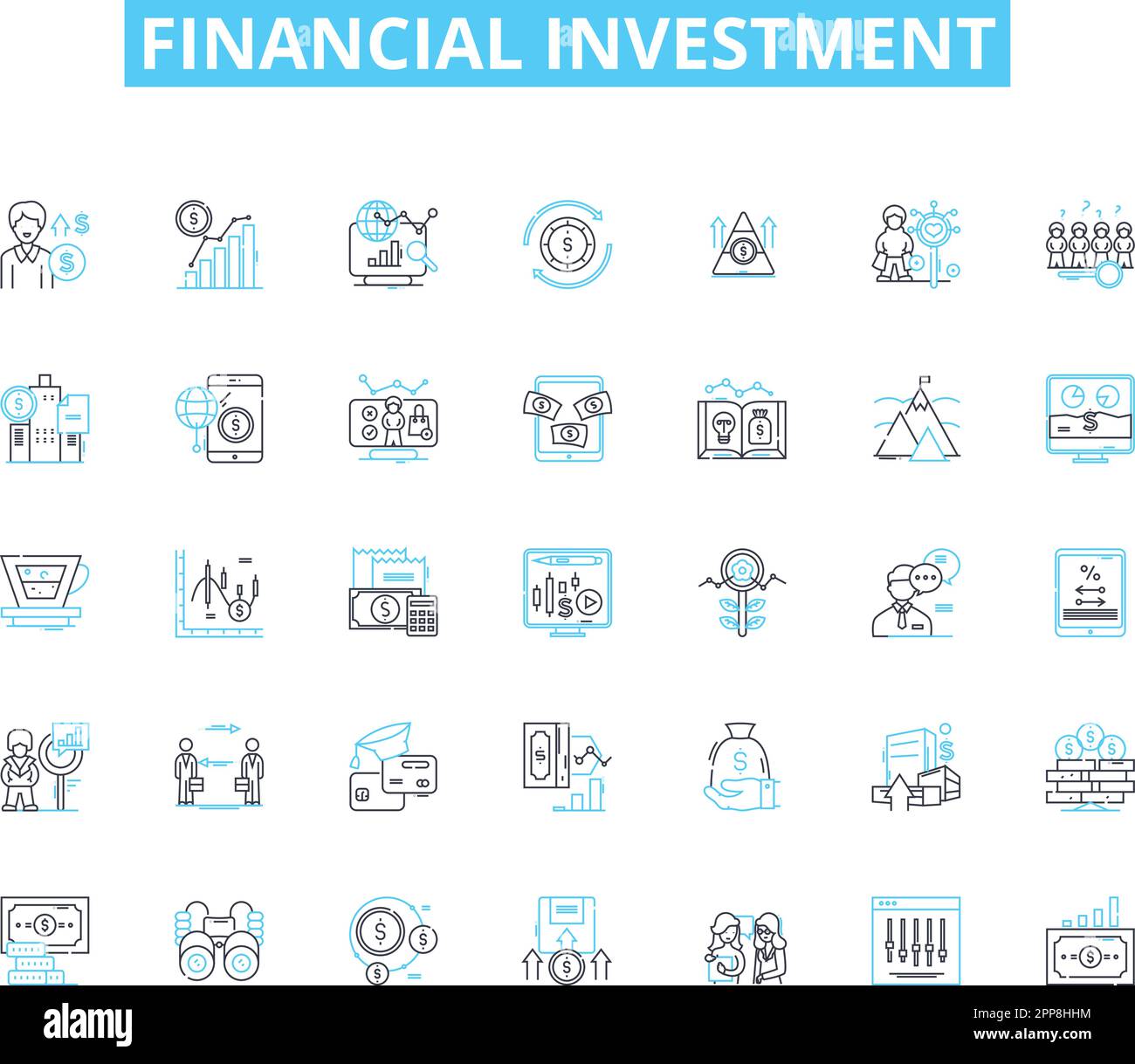 Financial investment linear icons set. Stocks, Bonds, Mutual funds ...