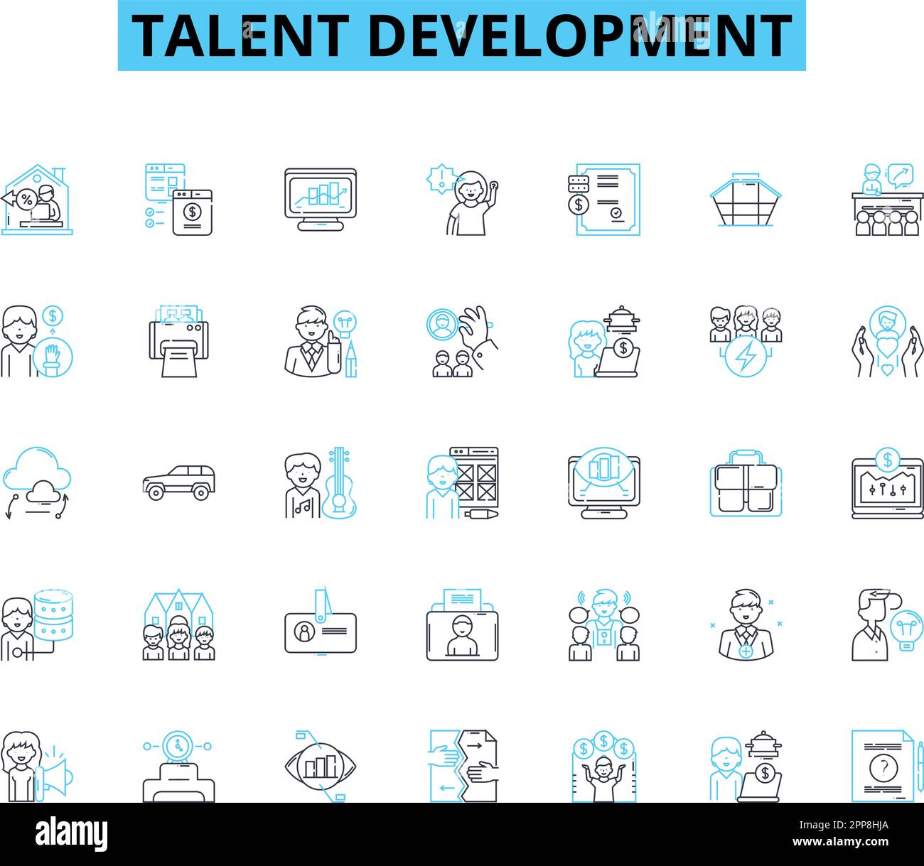 Talent development linear icons set. Growth, Learn, Progression, Coaching, Capability ...