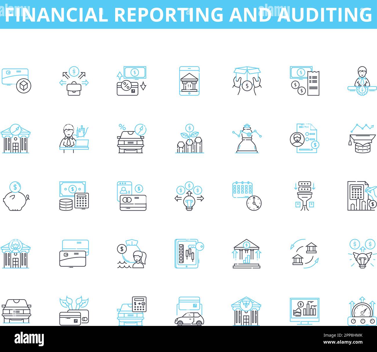 Financial reporting and auditing linear icons set. Auditing, Compliance, Transactions ...