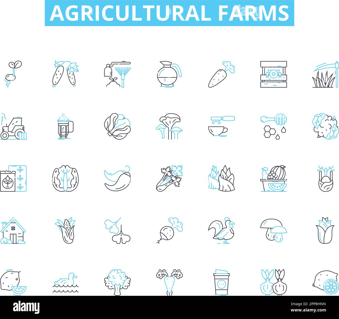 Agricultural farms linear icons set. Harvest, Livestock, Crops ...