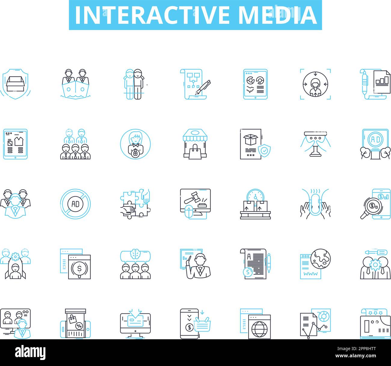 Interactive media linear icons set. Engagement, Digital, Multimedia ...
