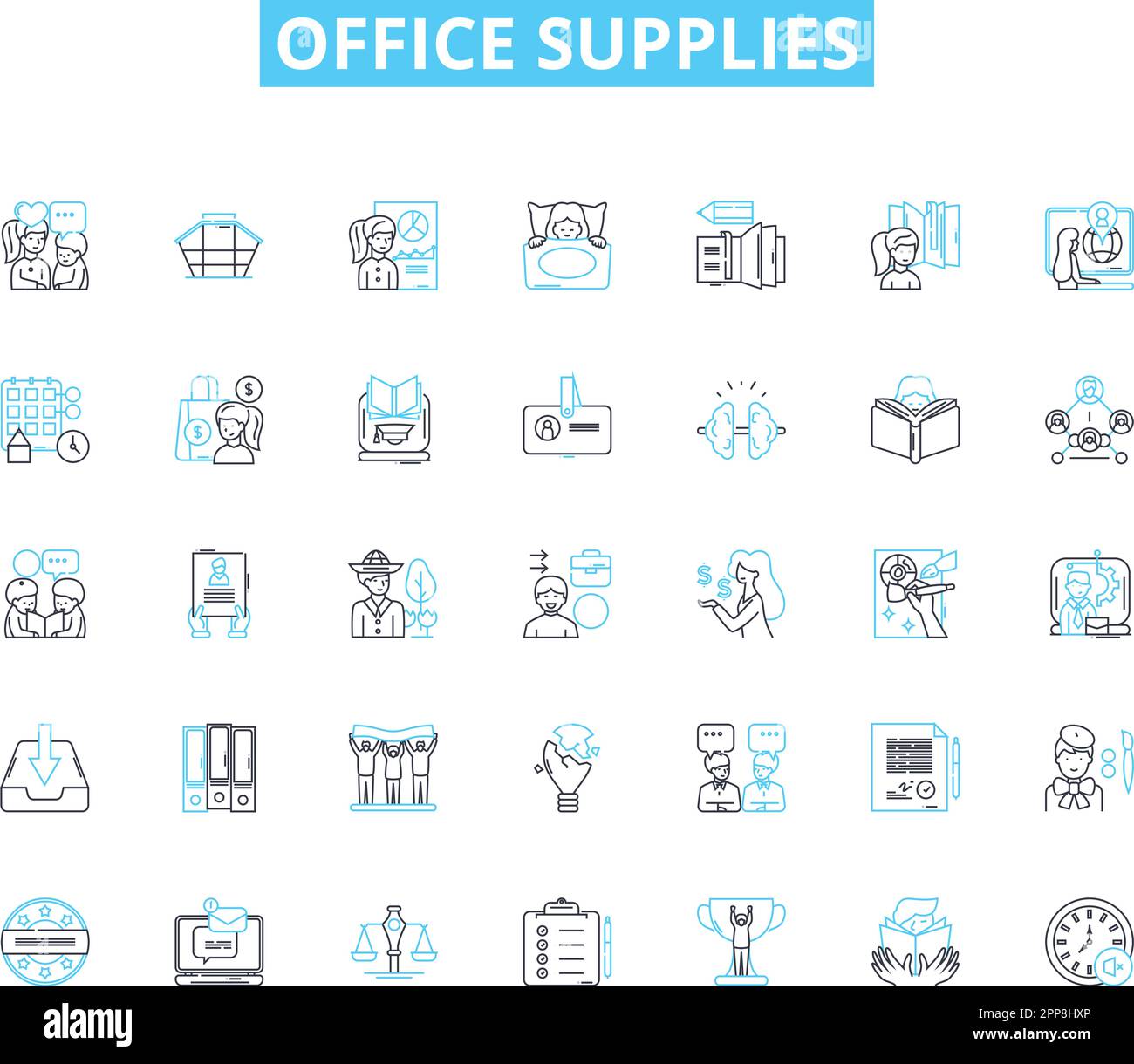Office supplies linear icons set. Pens, Paper, Staples, Paperclips ...
