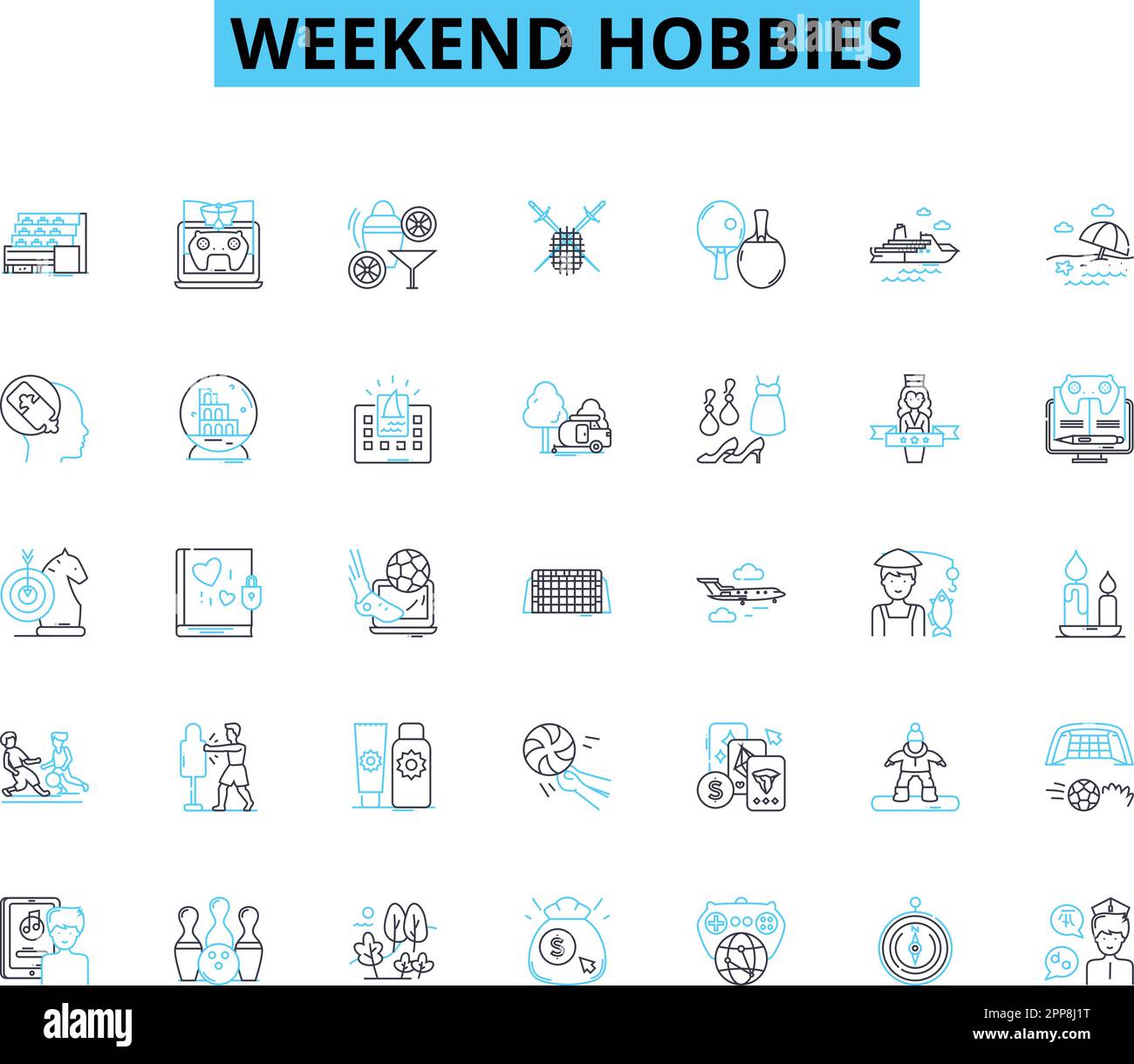 Weekend hobbies linear icons set. Biking, Cooking, Dancing, Drawing, Fishing, Gardening, Hiking ...
