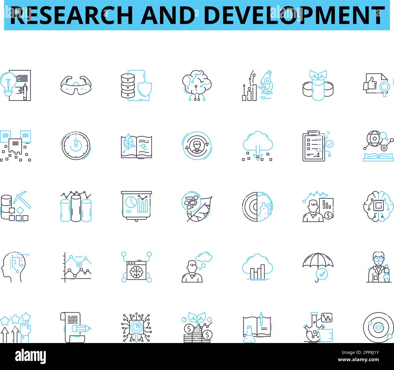 Research and Development linear icons set. Innovation, Experiment ...