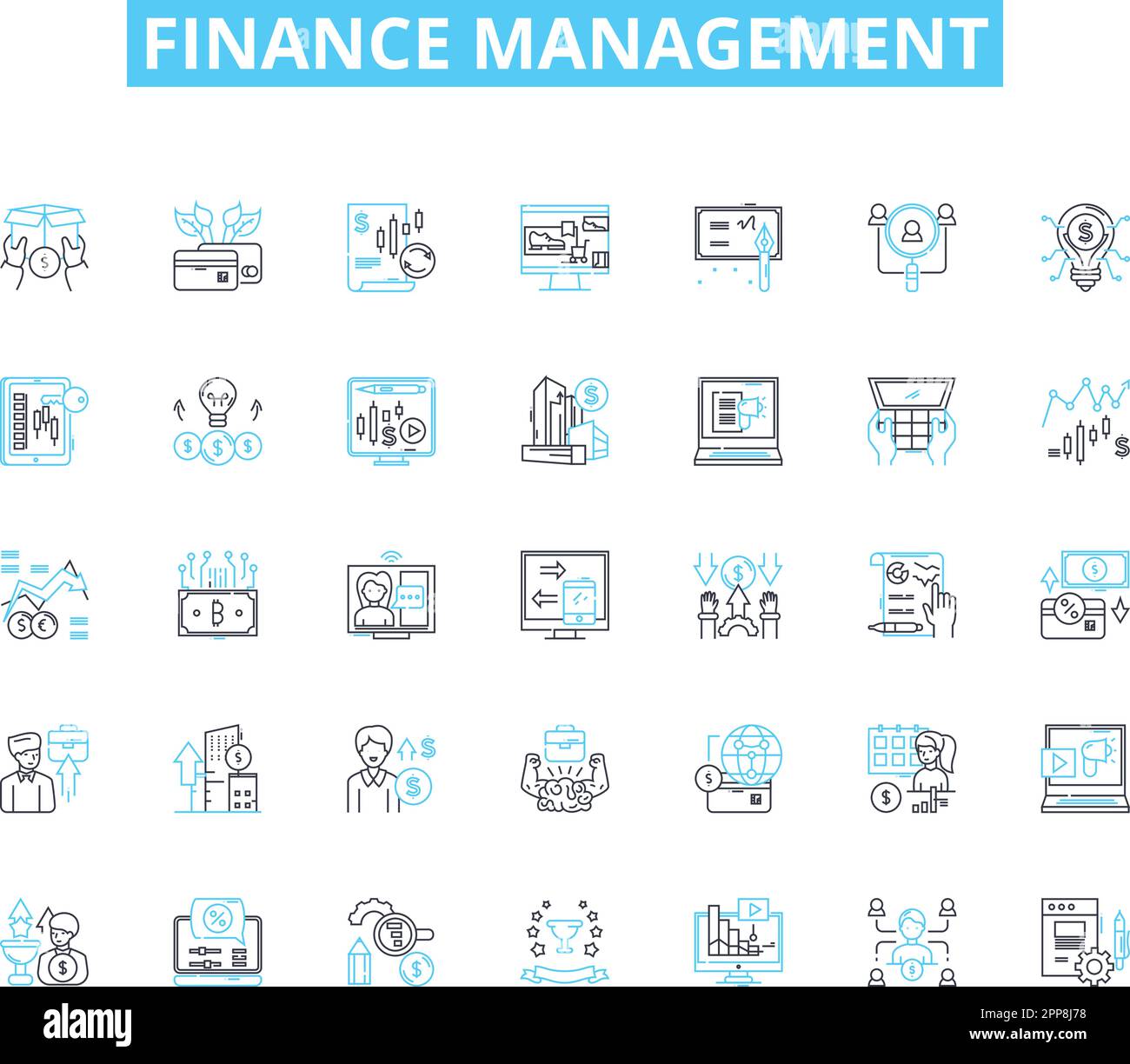 Finance management linear icons set. Budgeting, Accounting, Investments ...