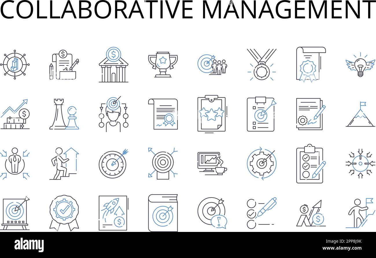 Collaborative management line icons collection. Cooperative leadership ...