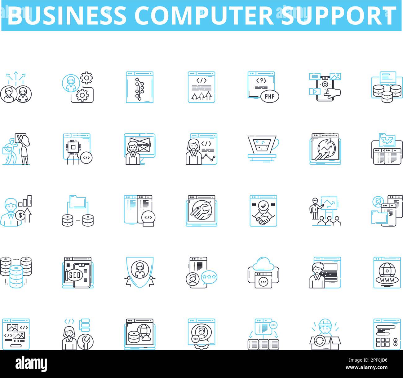 Business computer support linear icons set. Hardware, Software, Nerking ...