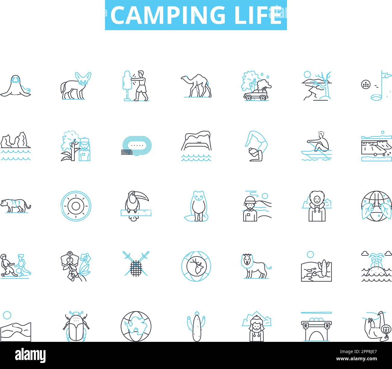 Camping life linear icons set. Adventure, Bonfire, Backpack, Tent ...