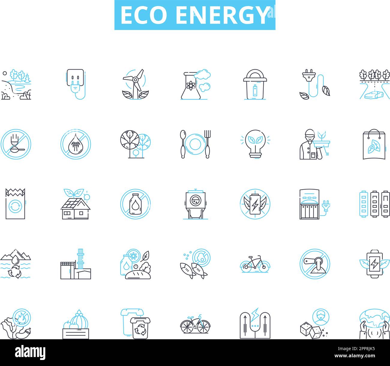 Eco energy linear icons set. Solar, Wind, Hydro, Geothermal, Biomass ...
