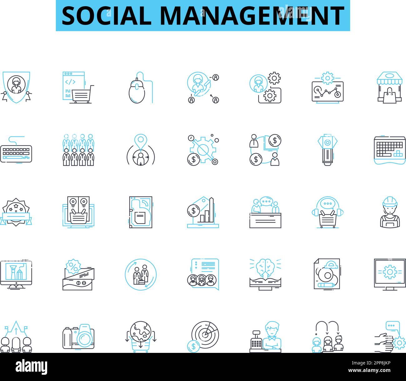 Social management linear icons set. Online, Followers, Engagement ...