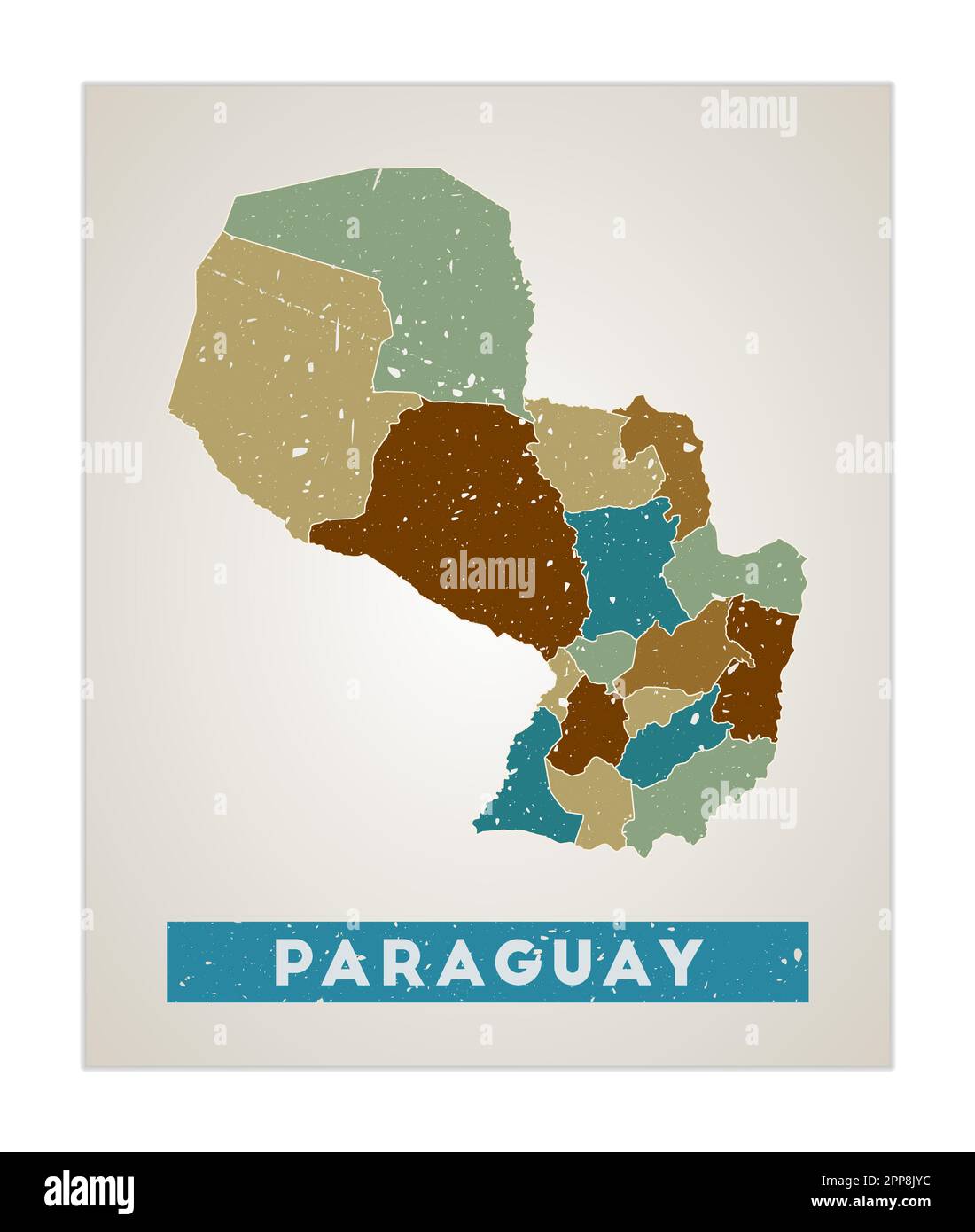 Paraguay map. Country poster with regions. Old grunge texture. Shape of ...