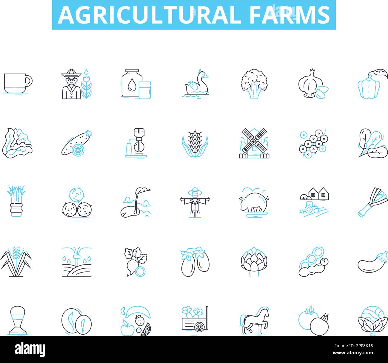 Agricultural farms linear icons set. Harvest, Livestock, Crops ...