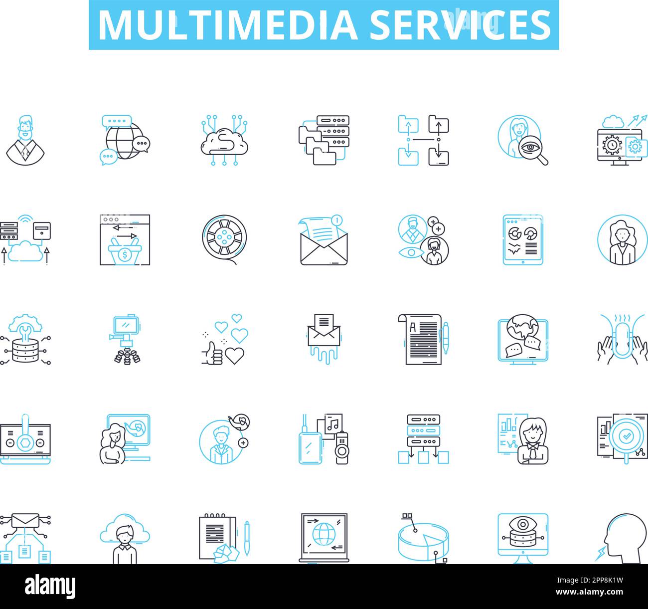 multimedia services linear icons set. Animation, Audio, Branding, Cinematography, Content ...