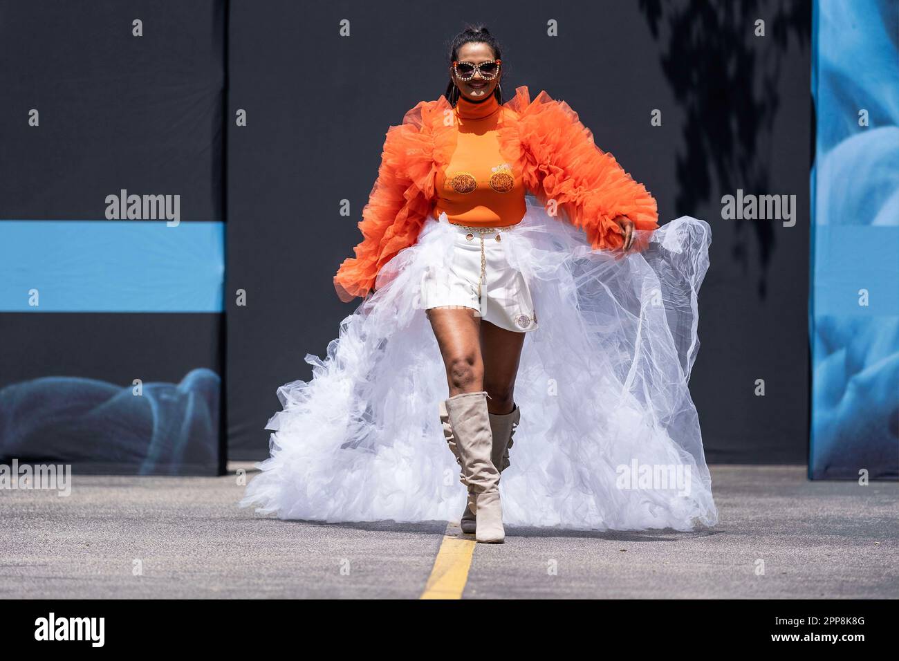 Austin Fashion Week, The Domain. 22nd Apr, 2023. Female model posing on ...